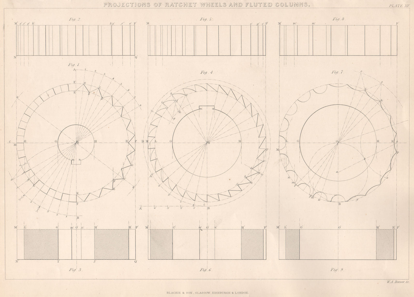 VICTORIAN ENGINEERING DRAWING. Ratchet wheels & fluted columns ...