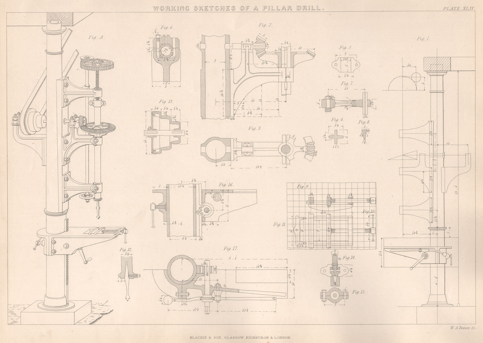 VICTORIAN ENGINEERING DRAWING. Working sketches of a Pillar Drill 1876 ...