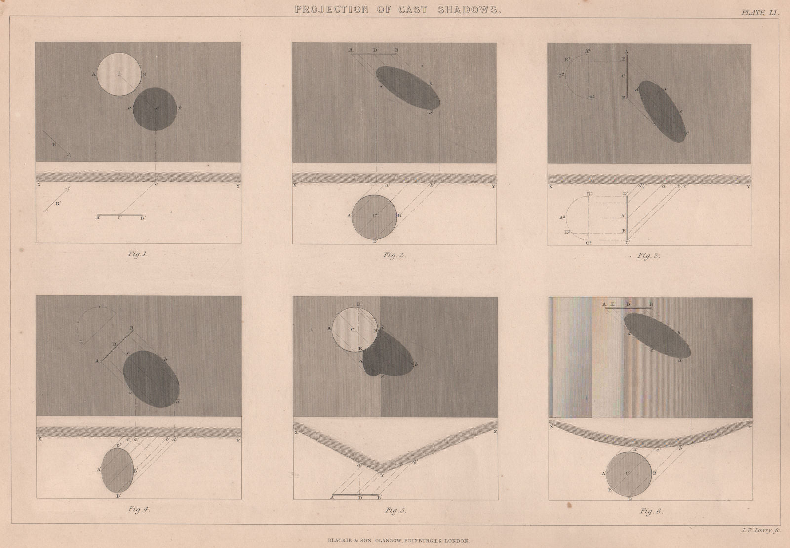 VICTORIAN ENGINEERING DRAWING. Cast shadows projection on vertical ...