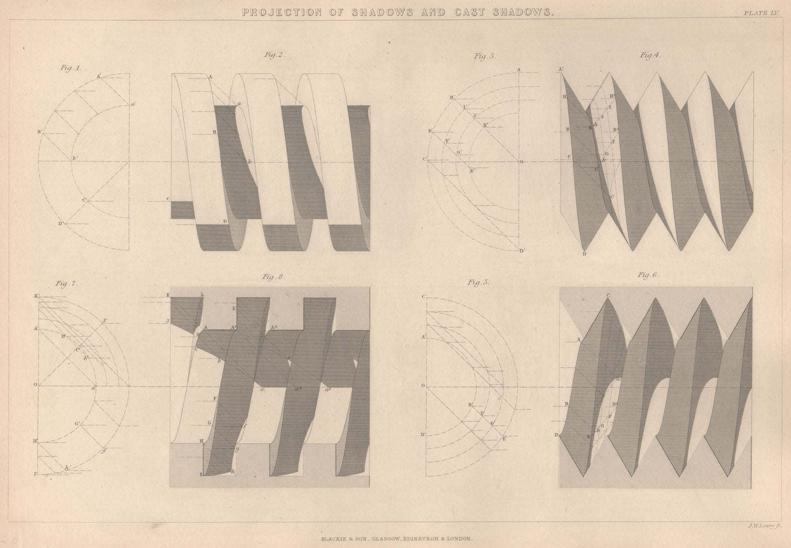 VICTORIAN ENGINEERING DRAWING. Cast shadows projection. Screws/threads ...
