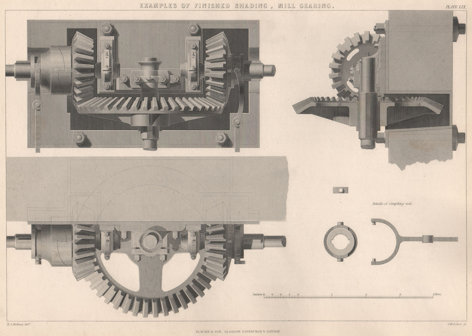 VICTORIAN ENGINEERING DRAWING. Examples of finished shading, Mill ...