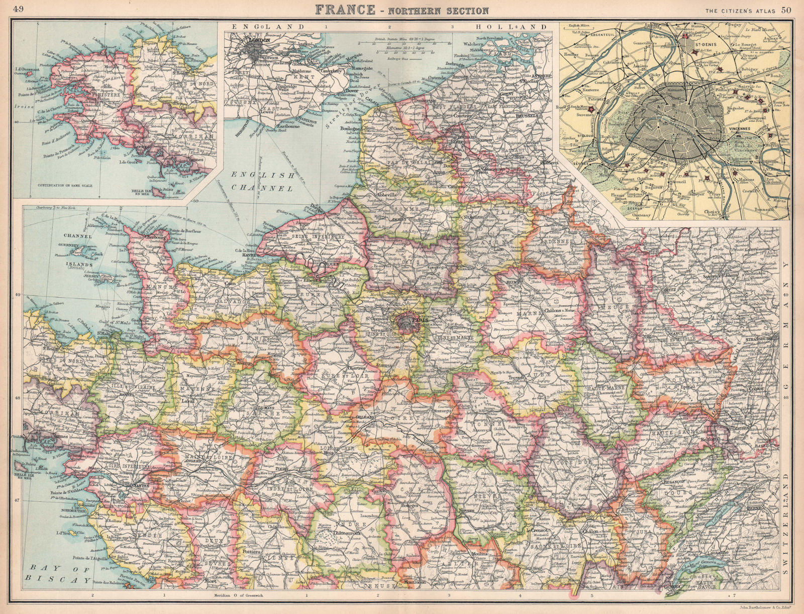 NORTHERN FRANCE.Departements.Paris showing fortifications.BARTHOLOMEW ...