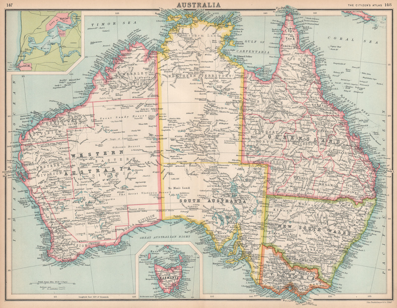 AUSTRALIA. Shows states, goldfields & telegraph cables. Perth/Fremantle ...