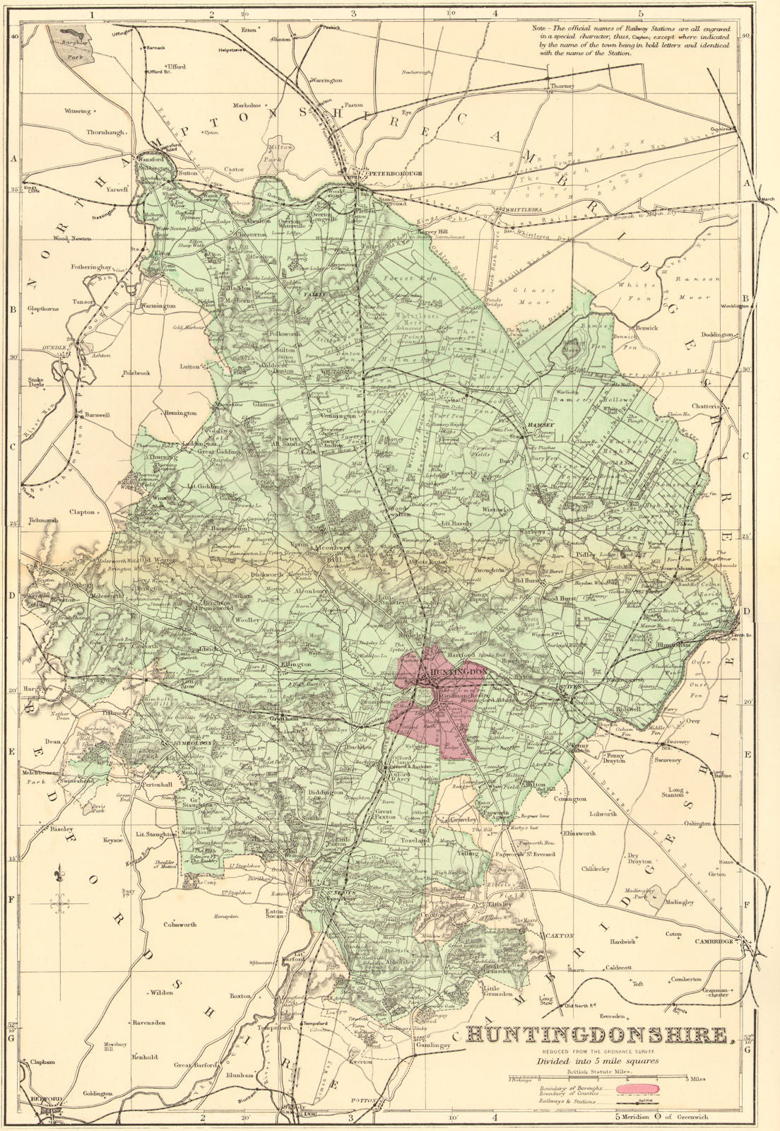 HUNTINGDONSHIRE. Antique county map by GW BACON 1884 old chart ...