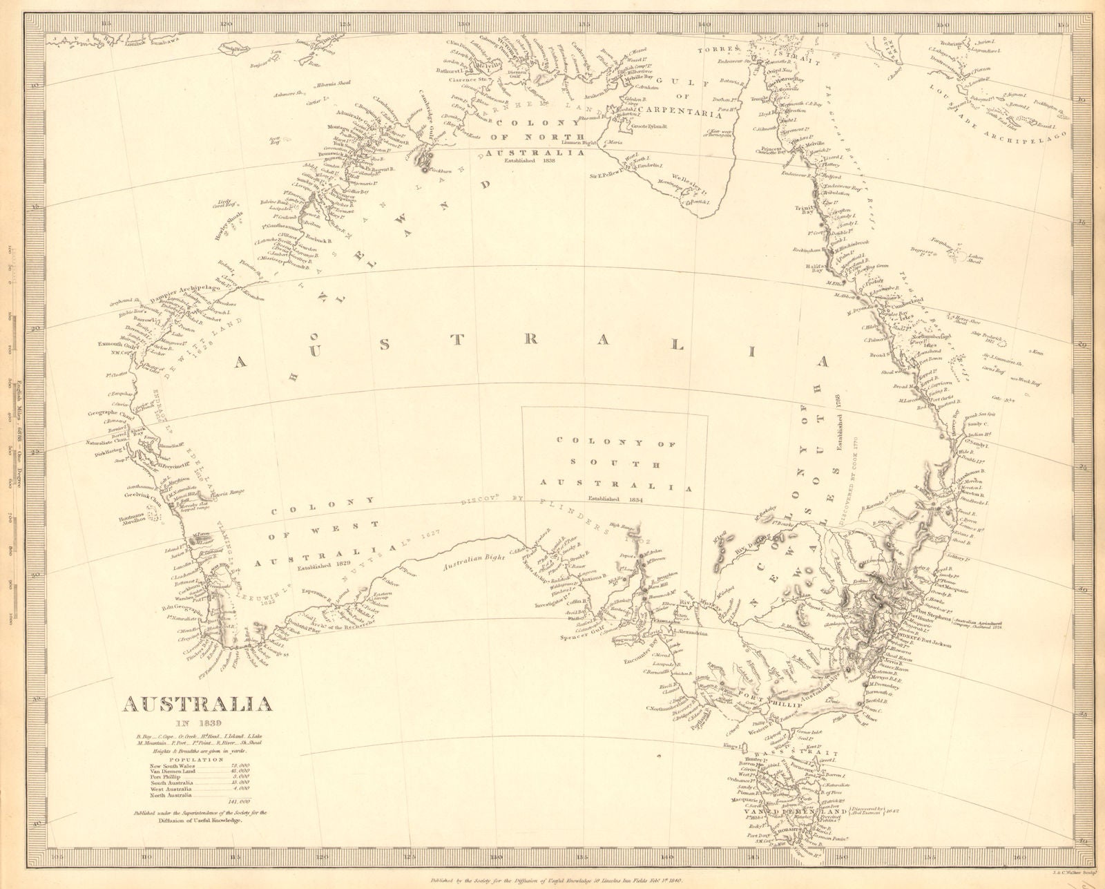 AUSTRALIA IN 1839. Shows dates colonies established. Population. SDUK ...