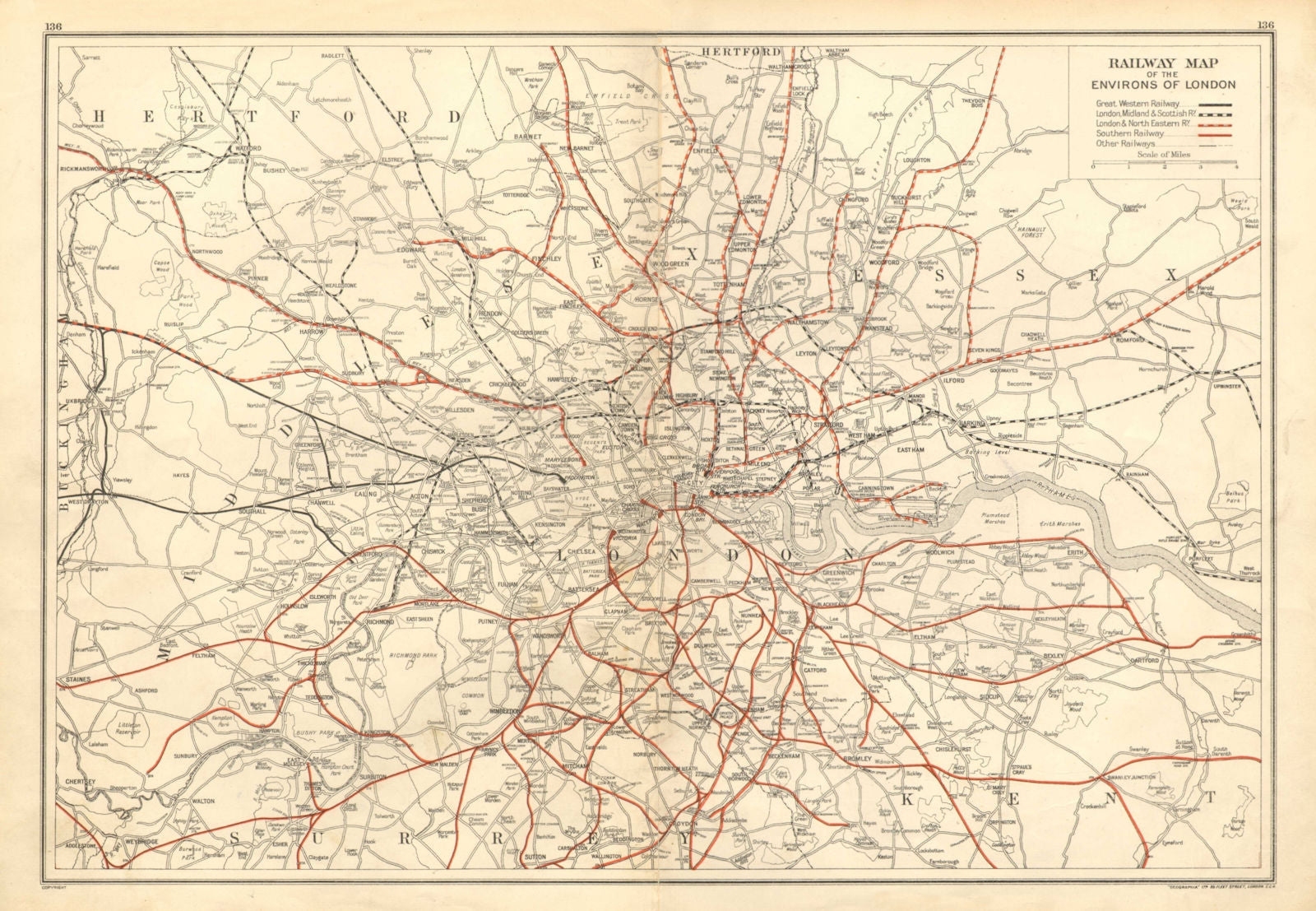 LONDON. Railway map of London & environs. GWR LMSR LNER SR 1928 old ...
