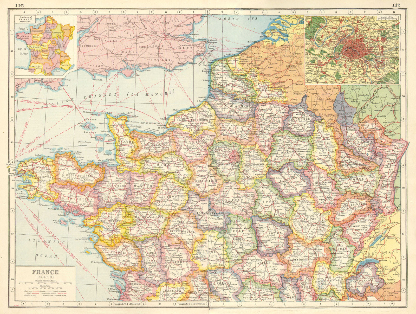 NORTHERN FRANCE. Departements. Inset Provinces pre-1789 & Paris plan ...
