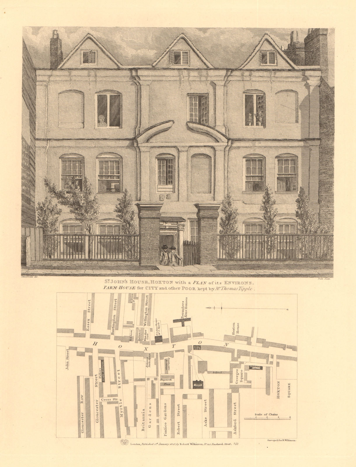 MAP OF HOXTON STREET. St. John's House. Hoxton Square. London 1834 old ...