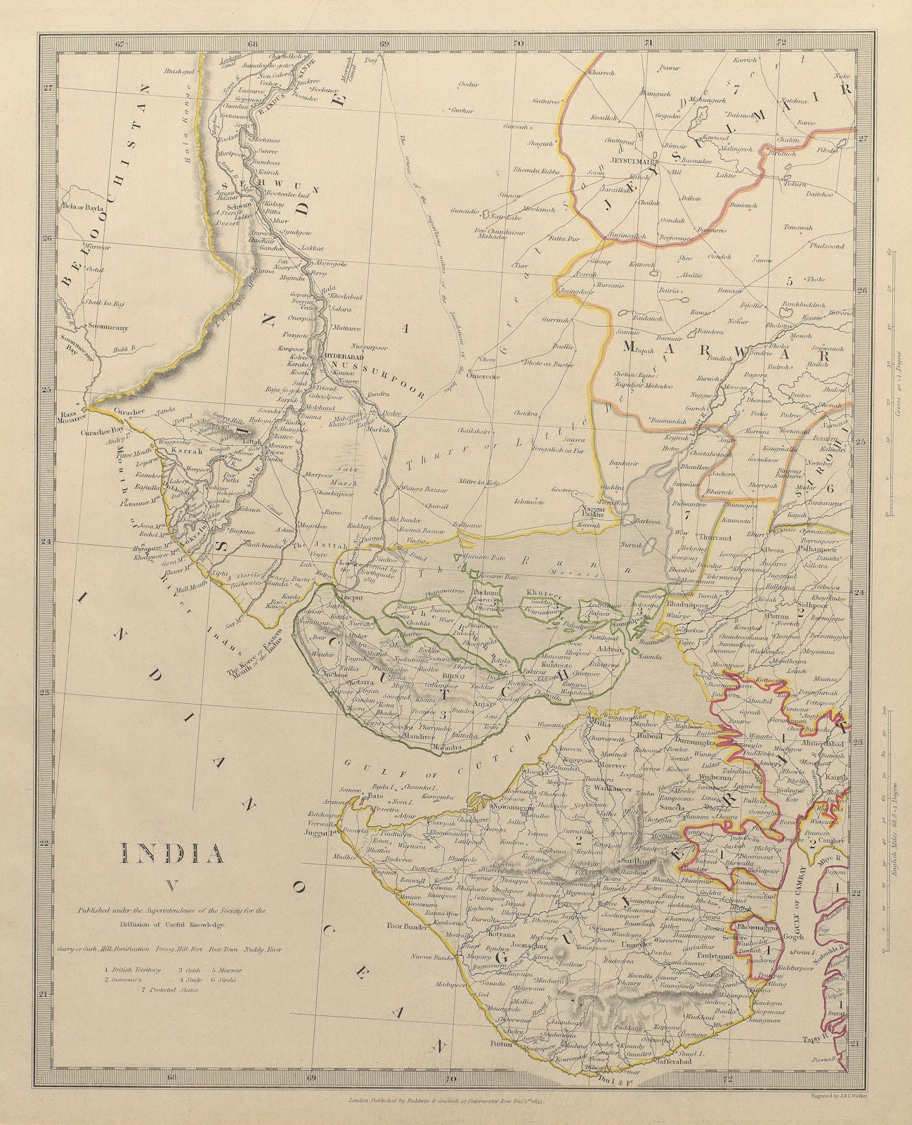 INDIA. Sinde to Gujerat. Marwar Cutch Jaisalmer. SDUK 1844 old antique ...