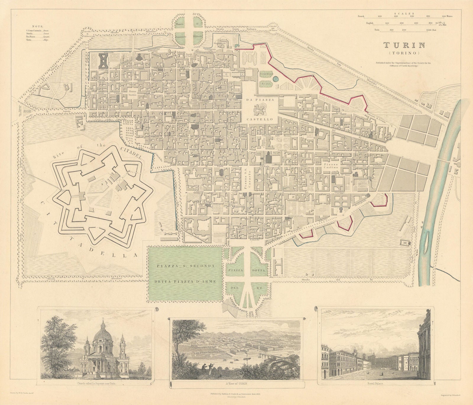 TURIN TORINO.Antique town city map plan.Panorama.Superga.Royal Palace ...