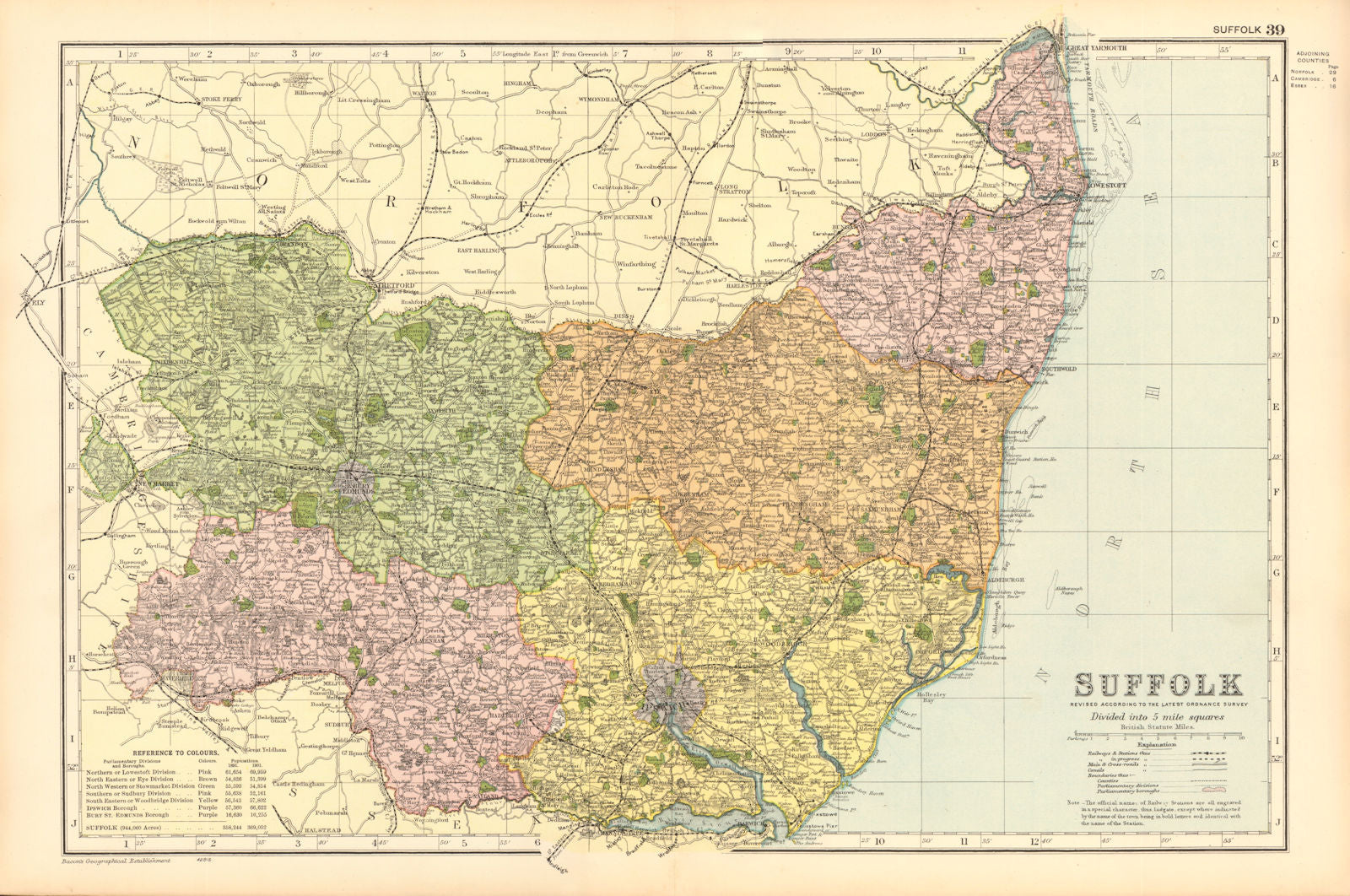 SUFFOLK. Showing Parliamentary divisions, boroughs & parks. BACON 1904 ...