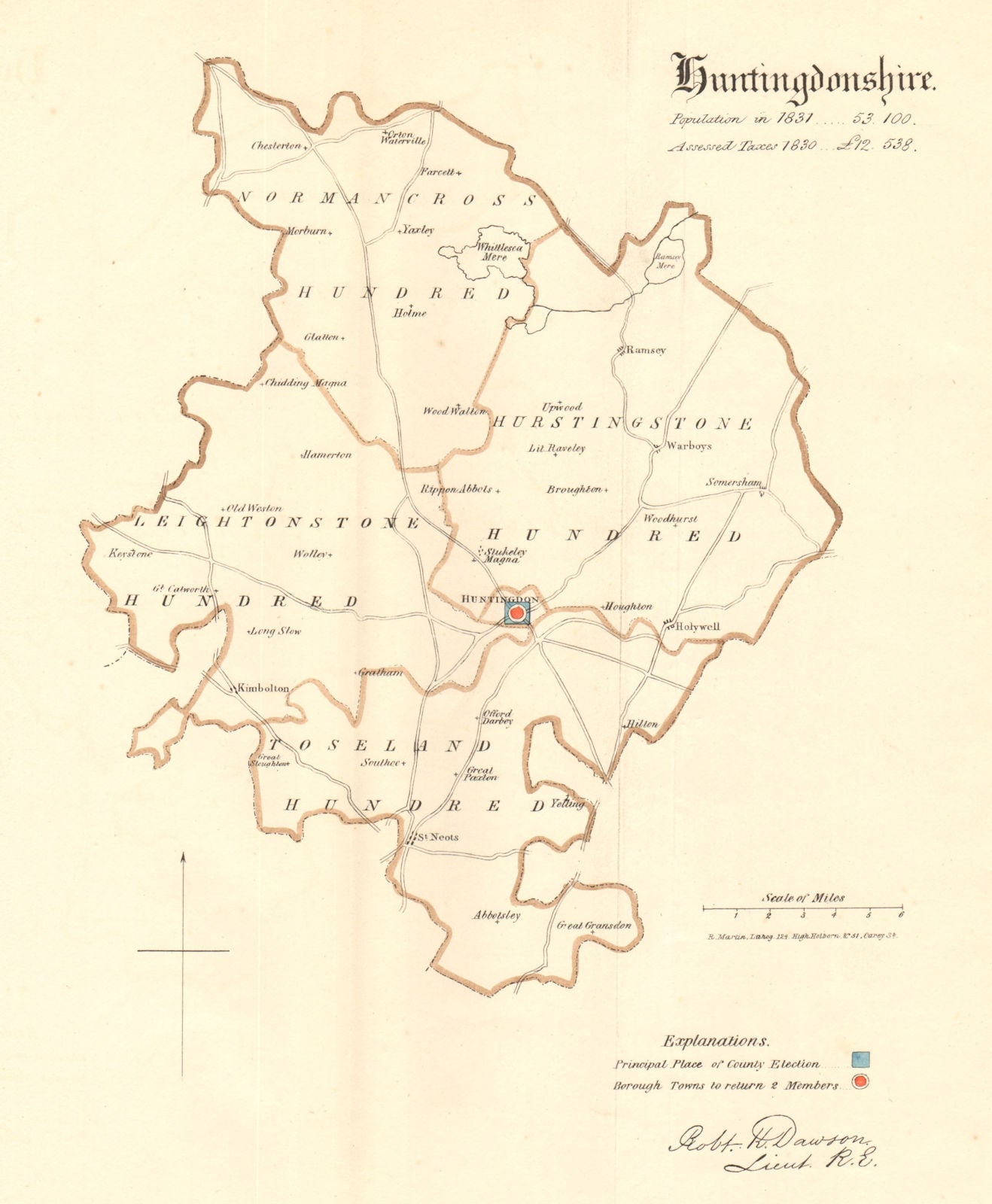 Huntingdonshire county map. Boroughs electoral. REFORM ACT. DAWSON 1832 ...