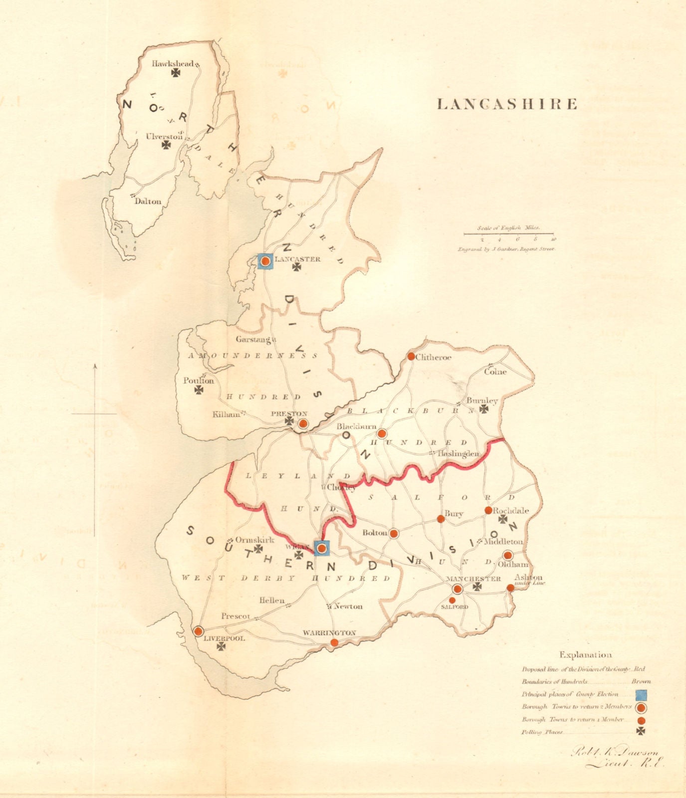Lancashire county map. Divisions boroughs electoral. REFORM ACT. DAWSON ...