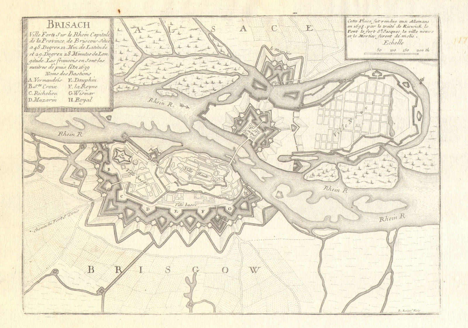 'Brisach'. Breisach. Fortifed town/city plan. Germany. DE FER 1705 old ...
