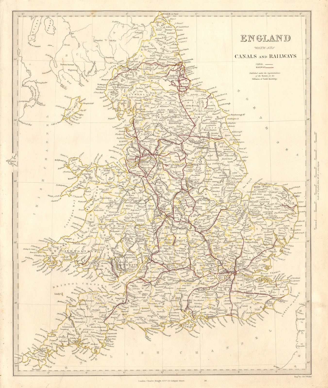 ENGLAND AND WALES. Canals and Railways. SDUK 1845 old antique map plan ...