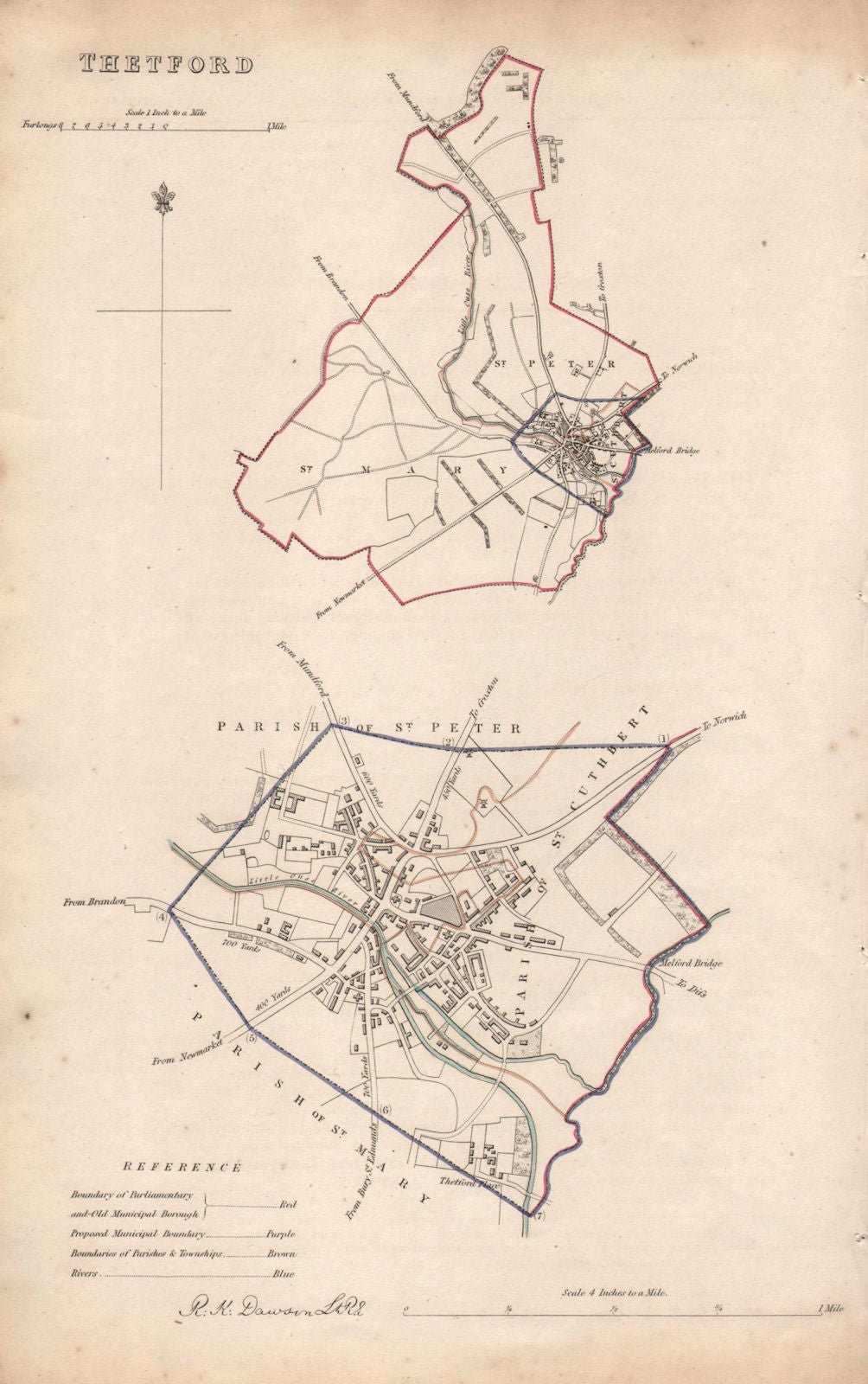 THETFORD borough/town plan. BOUNDARY REVIEW. Norfolk. DAWSON 1837 old ...