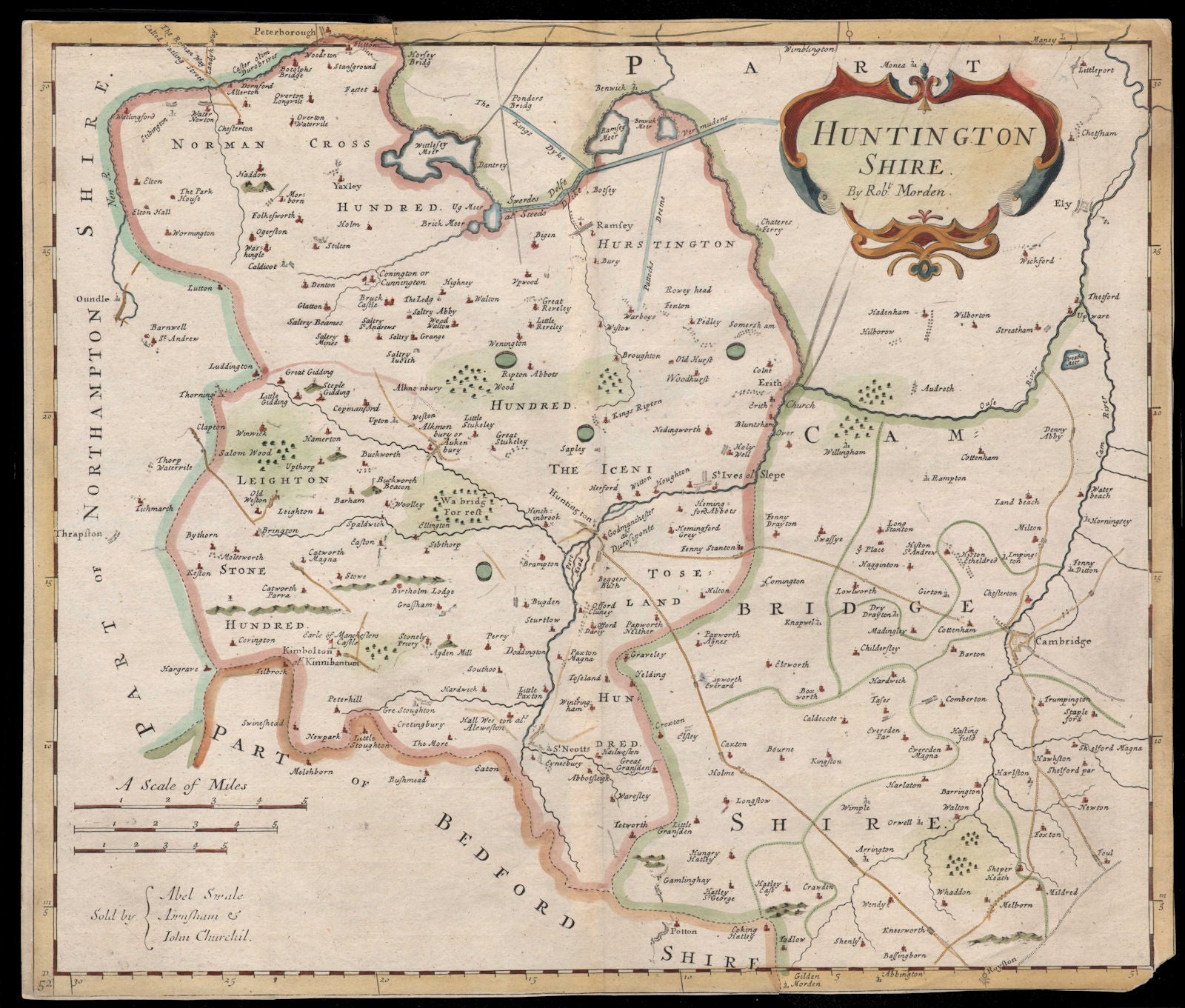 Huntingdonshire.'HUNTINGTON SHIRE' by ROBERT MORDEN. Coloured c1753 old ...