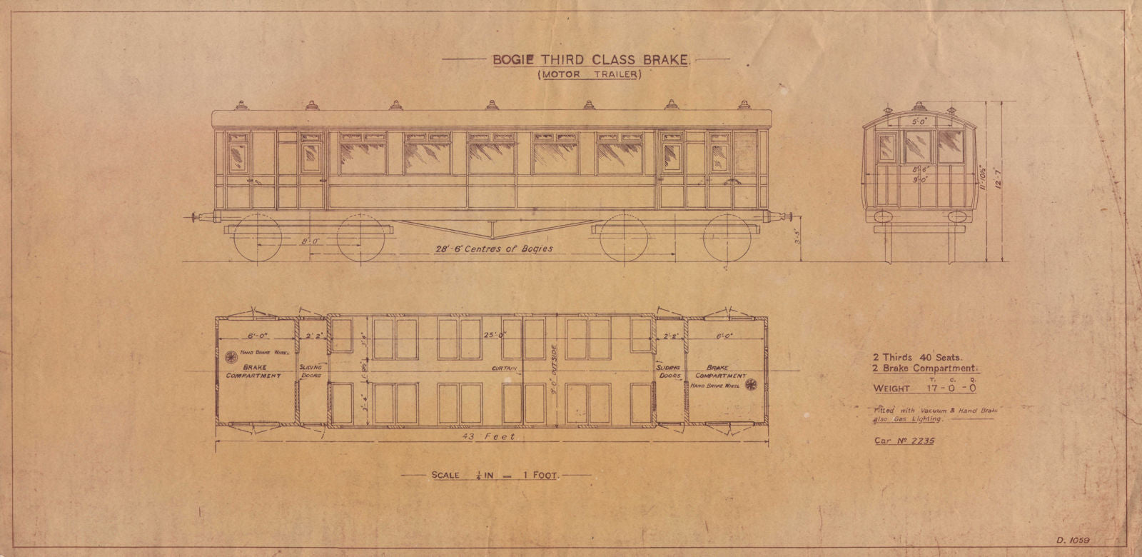 Bogie Third Class Brake (motor trailer) D1059. Rail engineering drawing ...