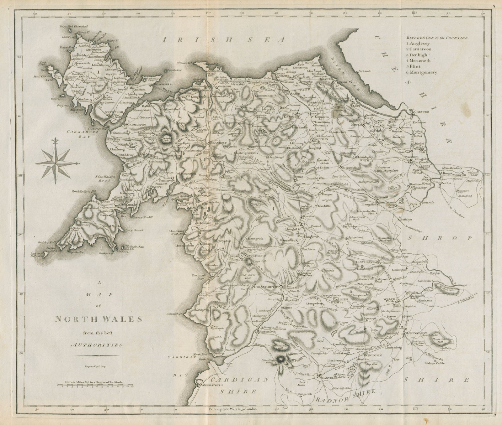 "A map of North Wales from the best authorities". CARY 1789 old antique ...