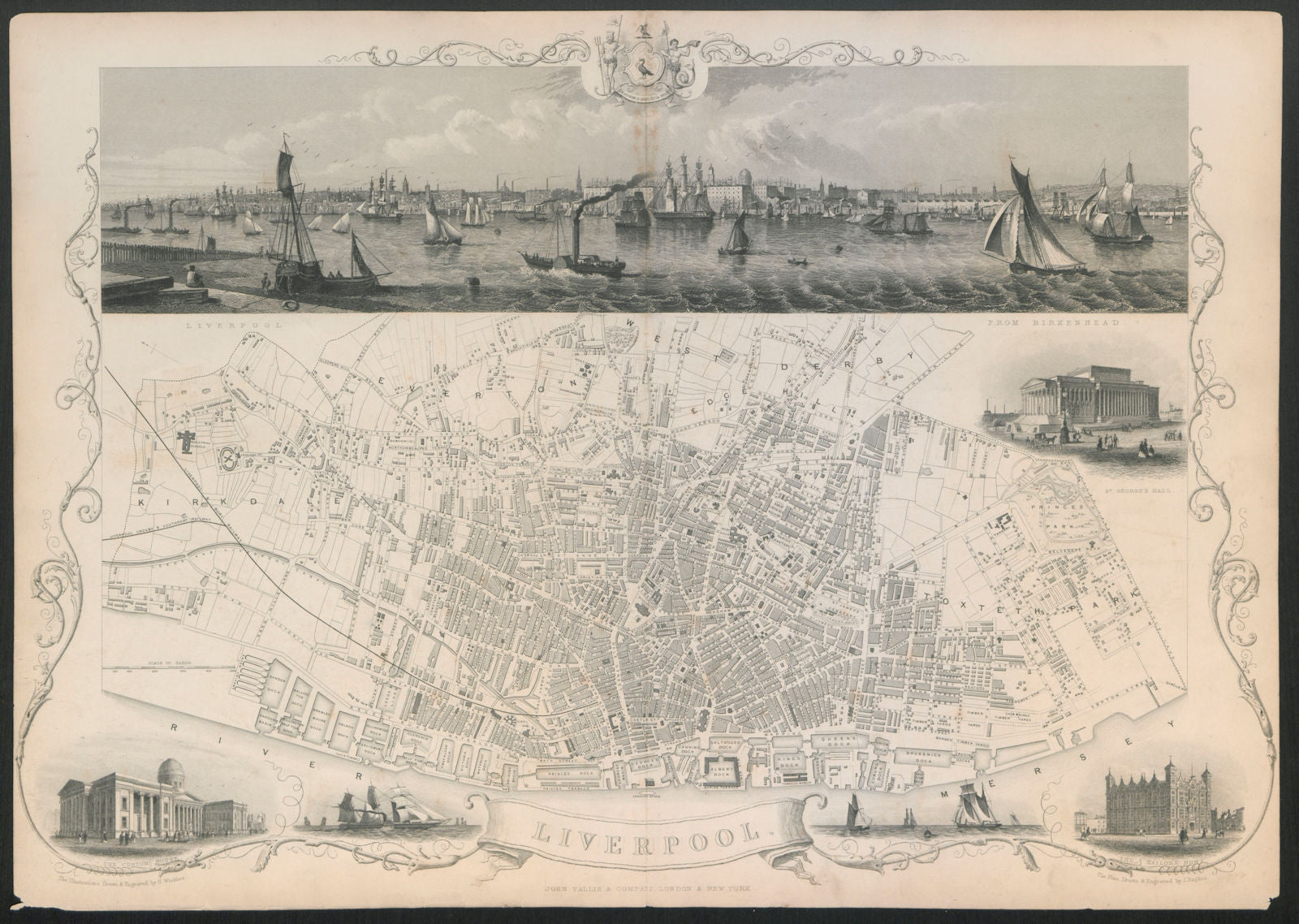 Decorative antique town plan of LIVERPOOL by Tallis, Rapkin & Winkles ...