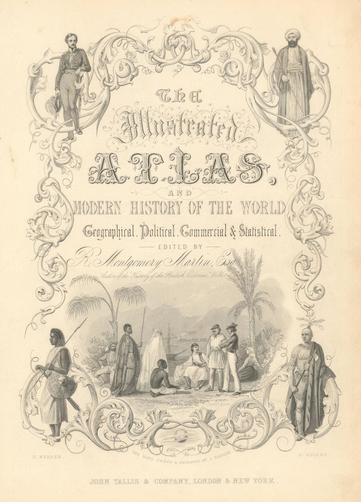 TALLIS ILLUSTRATED ATLAS TITLE PAGE. Figures represent four continents ...