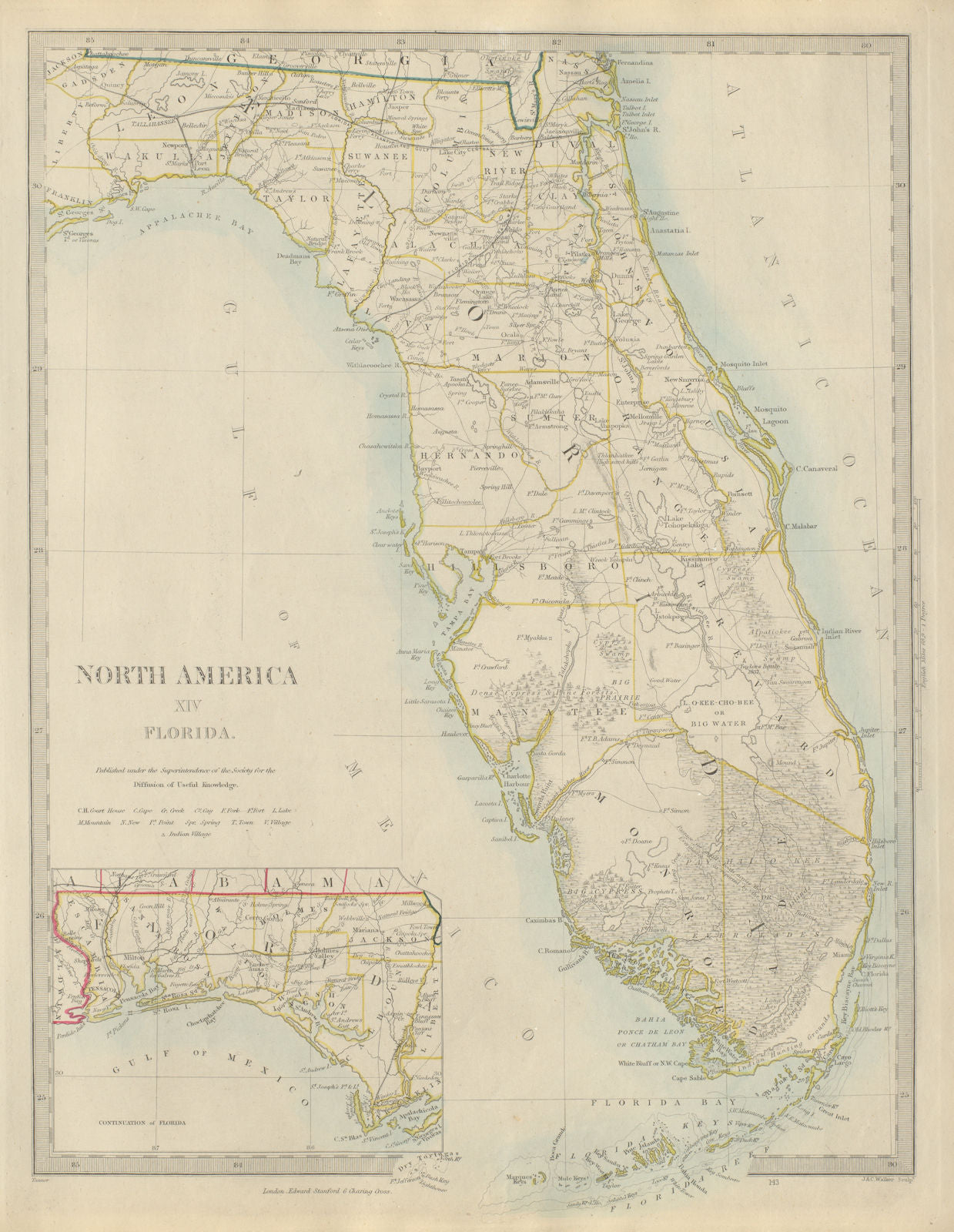 FLORIDA state map showing forts & railways. Miami is marked. SDUK 1874 ...