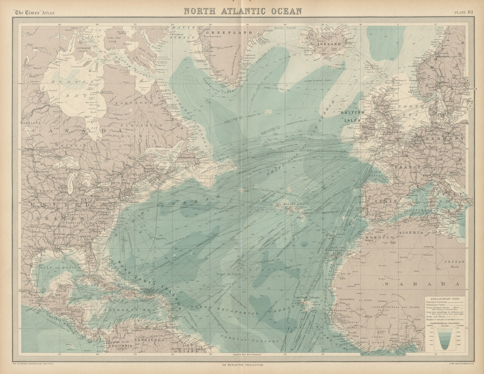 North Atlantic Ocean. Shipping routes & currents. Depths. THE TIMES ...