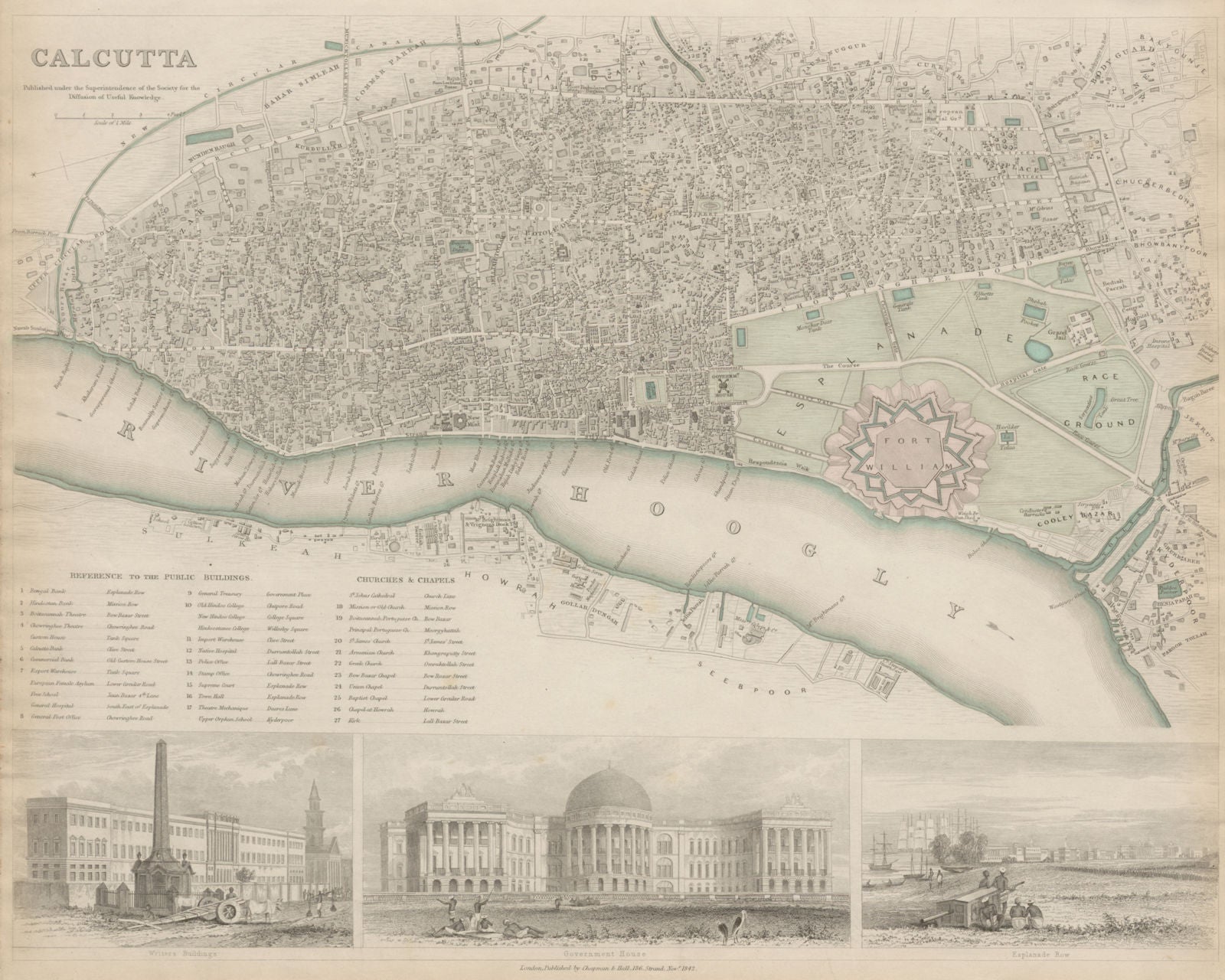 CALCUTTA KOLKATA antique town city map plan.Govt House.Esplanade Row ...