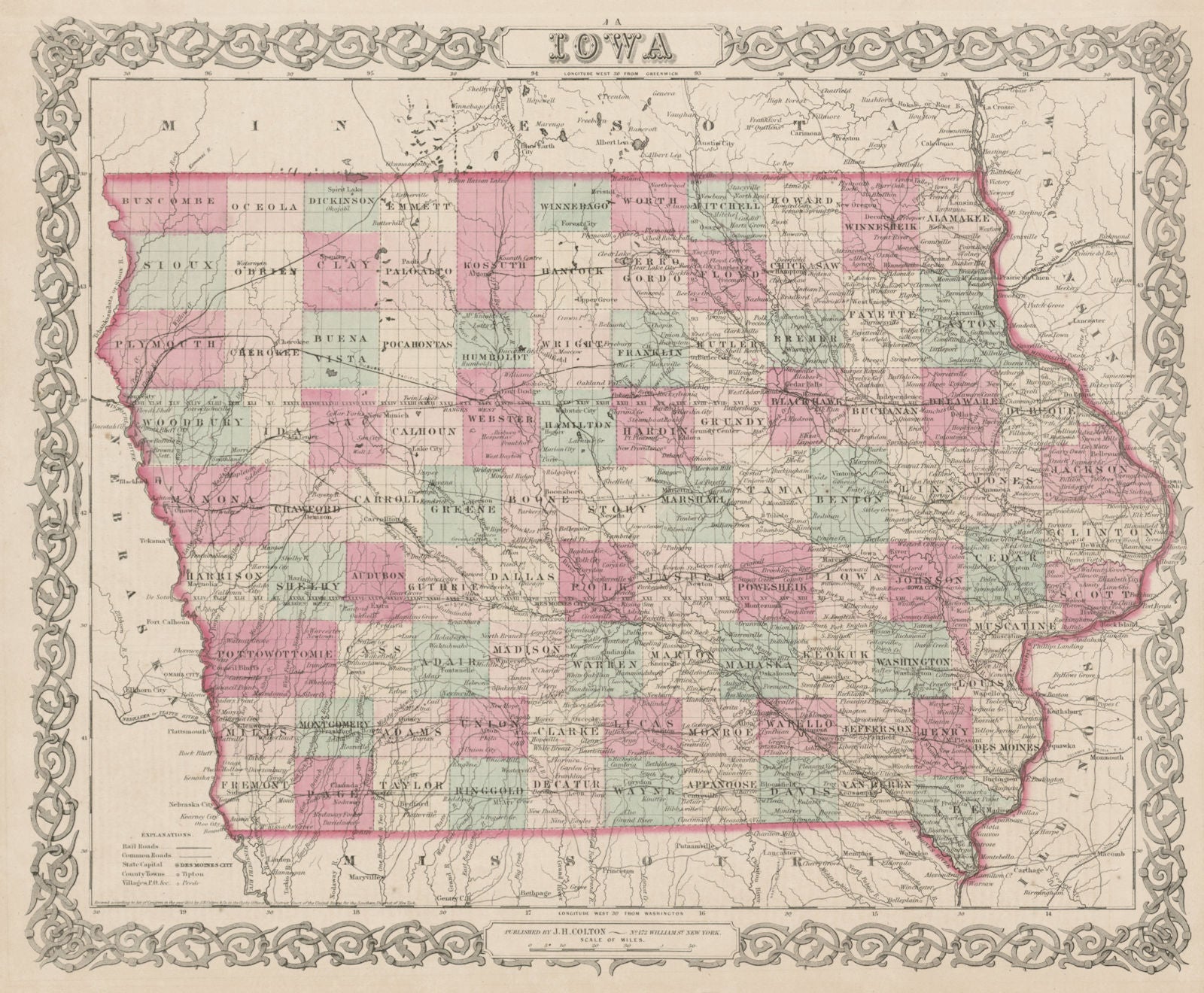 Iowa decorative antique US state map. COLTON 1863 old plan chart ...