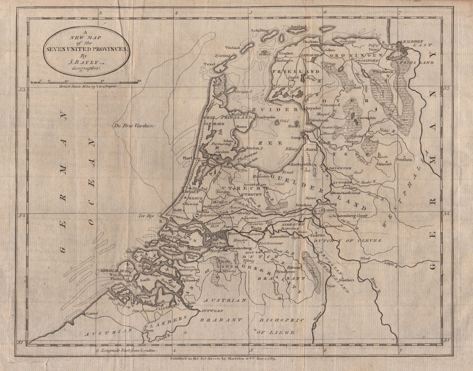 A New Map of the Seven United Provinces. BAYLY 1783 old antique plan ...