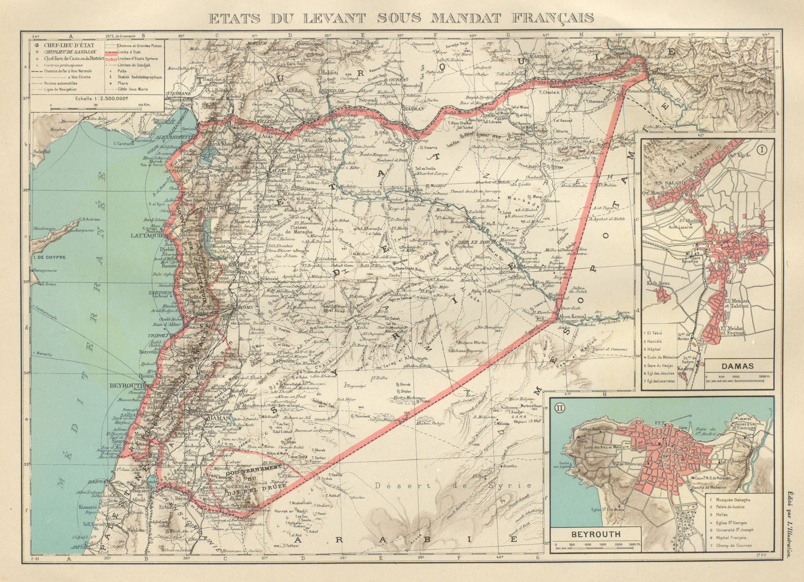 FRENCH COLONIAL SYRIA LEBANON Syrie Liban français Damascus Beirut plan ...