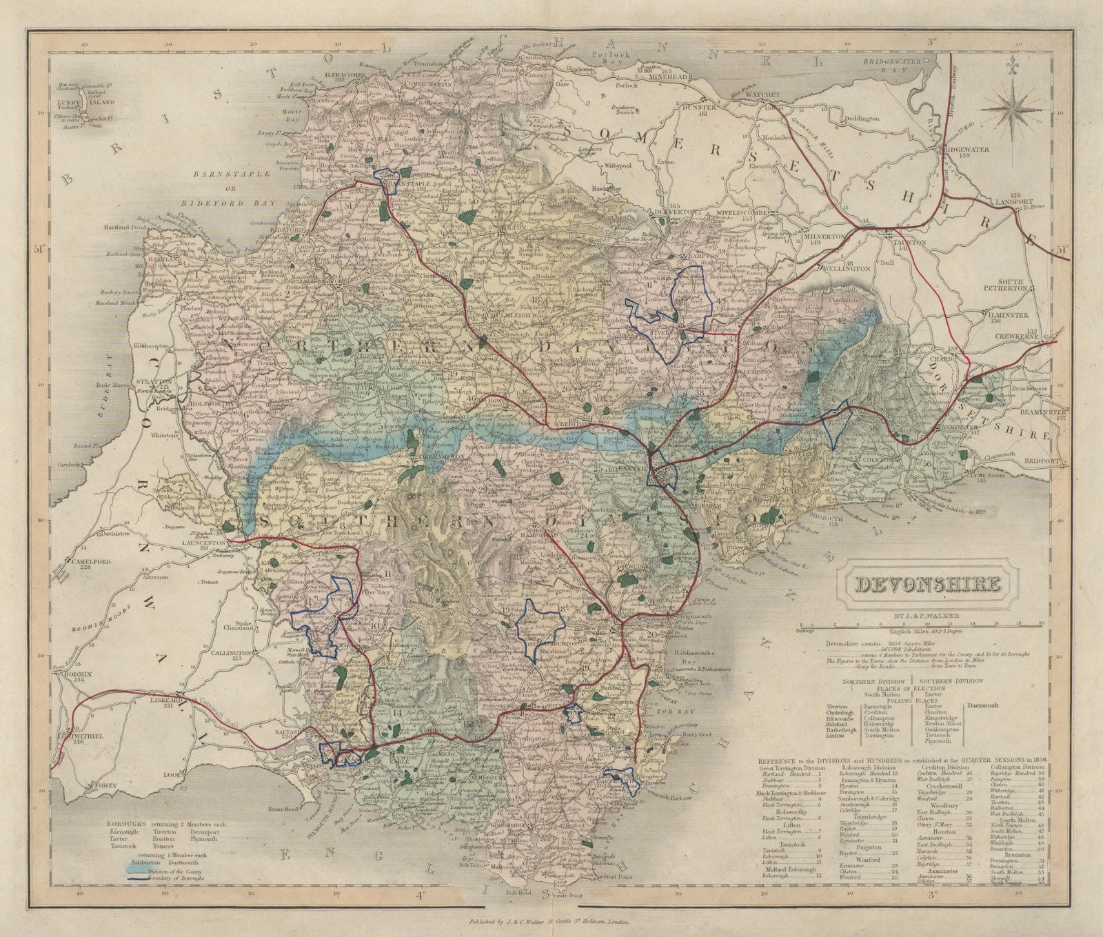 Devonshire antique county map by J & C Walker. Railways & boroughs 1868 ...