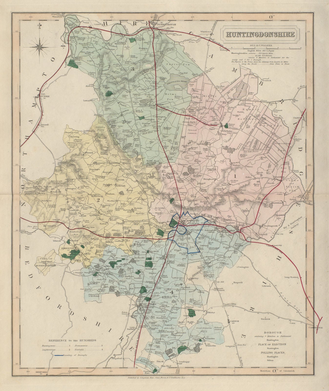Huntingdonshire antique county map by J & C Walker. Railways & boroughs ...