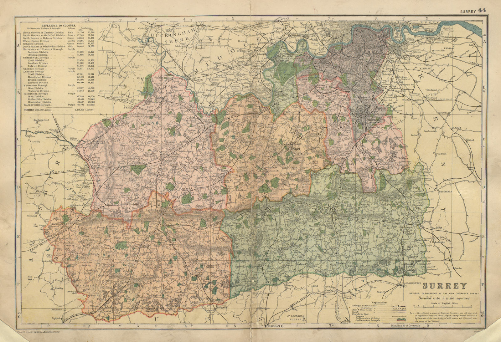 SURREY County map Parliamentary constituencies railways divisions BACON ...