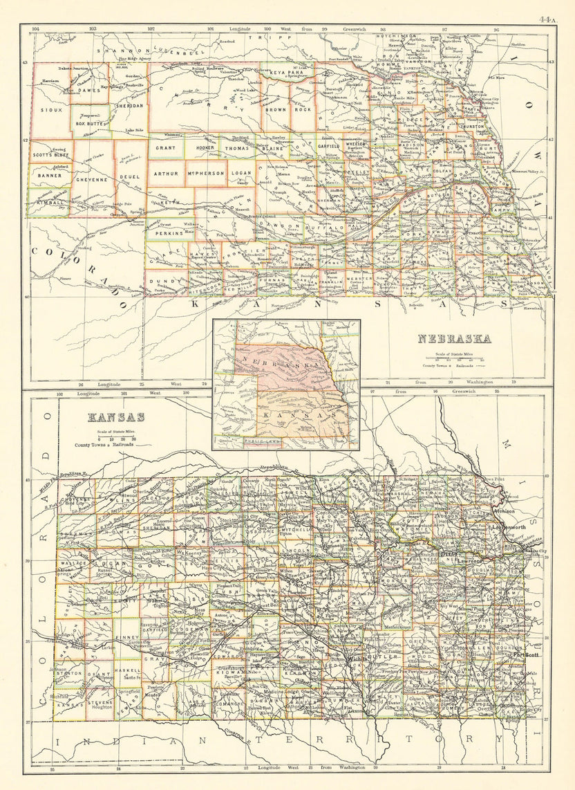 Nebraska and Kansas state maps showing counties. BARTHOLOMEW 1898 old ...