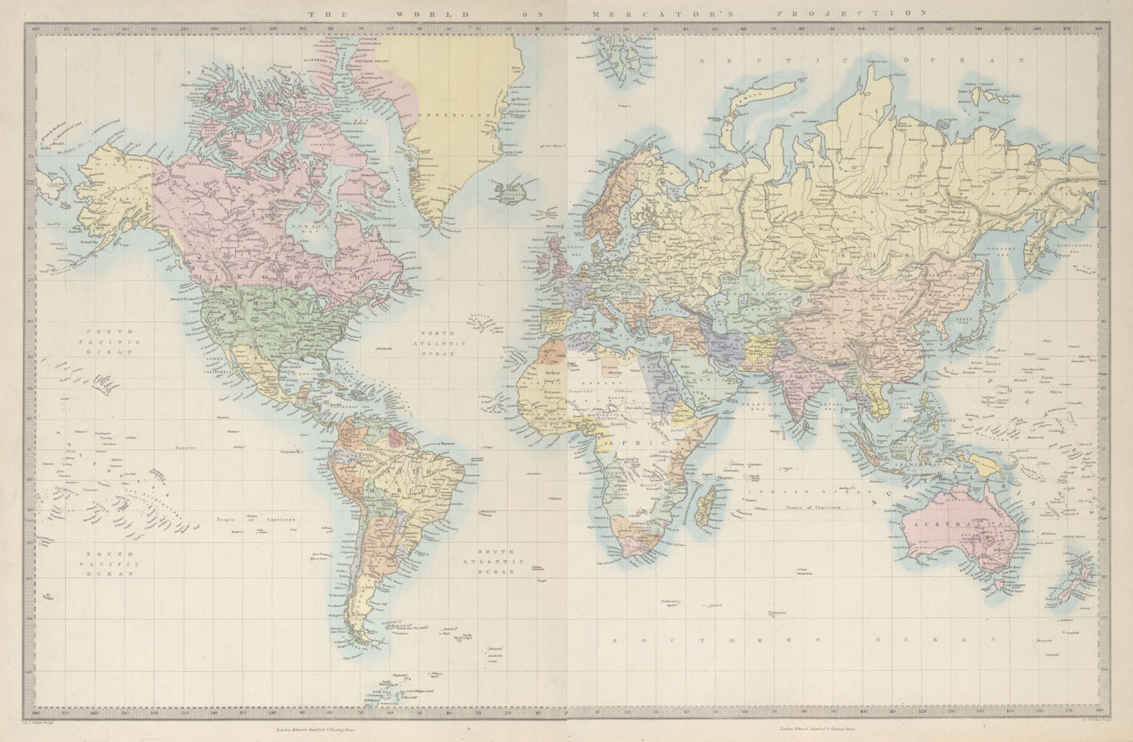 WORLD ON MERCATOR'S PROJECTION Chinese Outer Manchuria SDUK 1857 old ...
