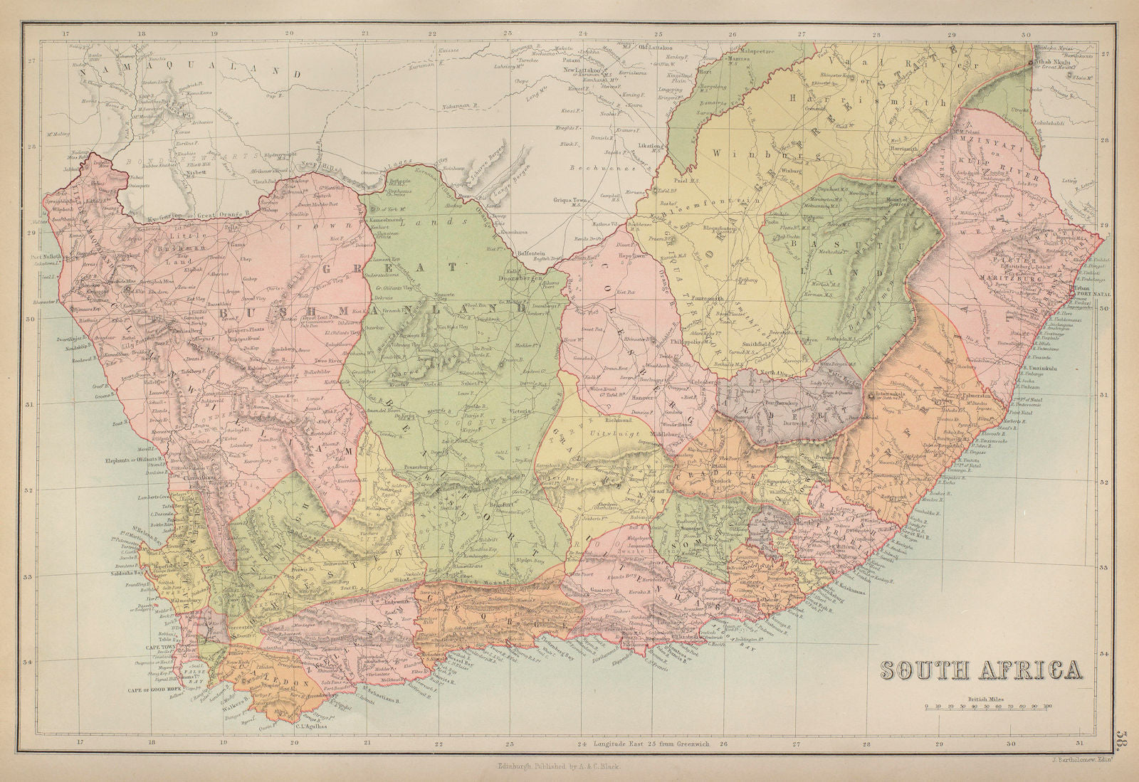 South Africa. Great Bushmanland. Orange Free State. BARTHOLOMEW 1870 ...