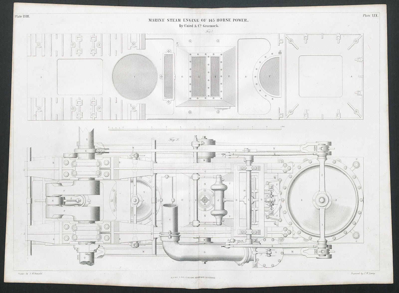 19C ENGINEERING DRAWING 145 HP marine steam engine. Caird & Co. Greenock 2 1847 ...