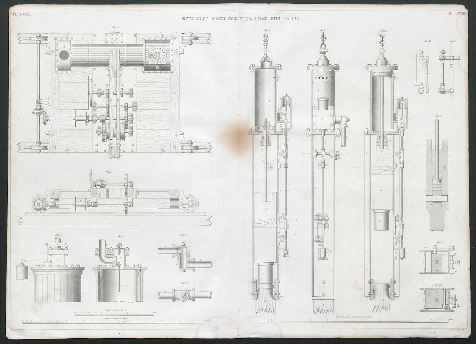 VICTORIAN ENGINEERING DRAWING James Nasmyth's steam pile driver details ...