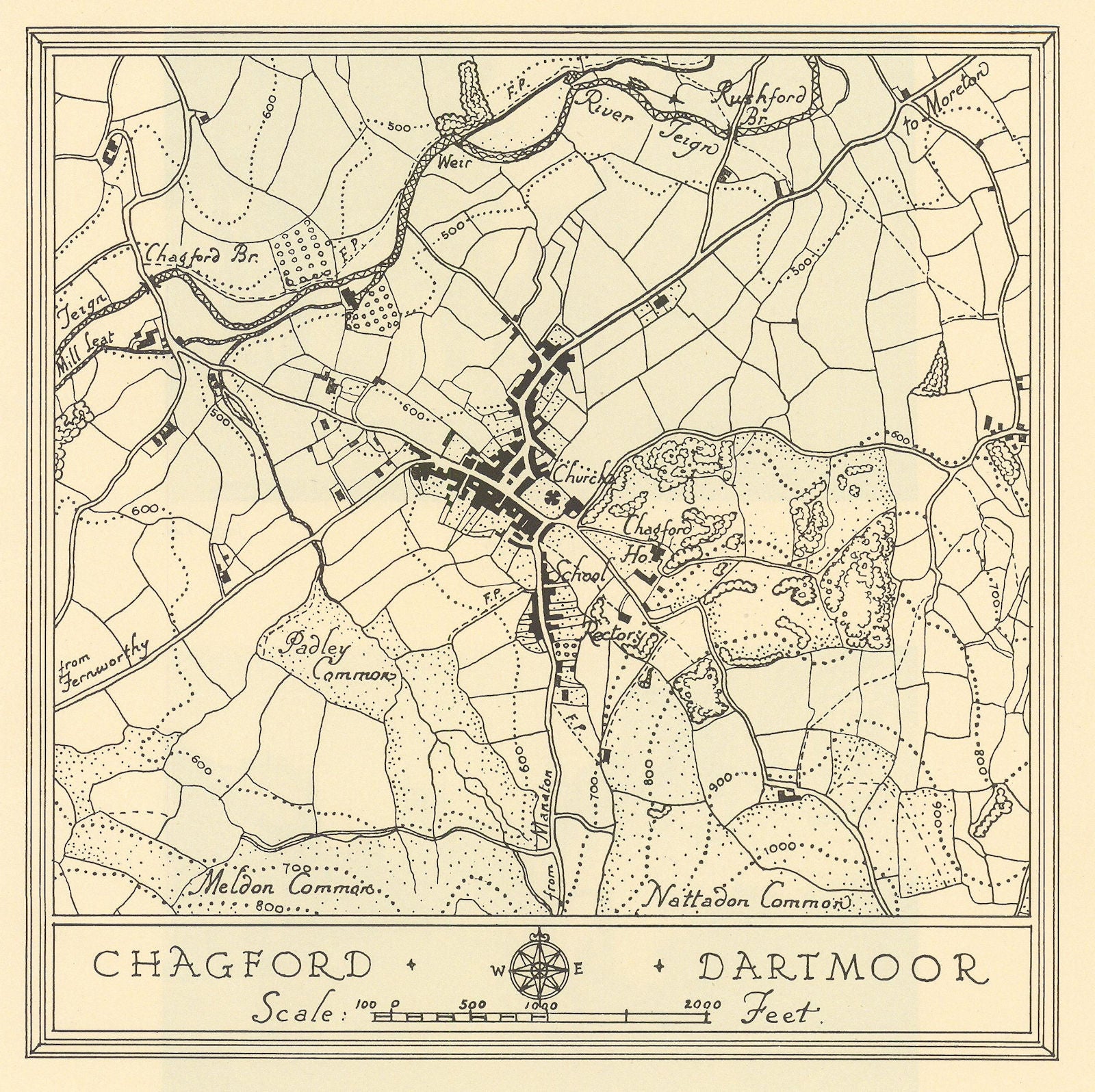 Town plan of CHAGFORD Dartmoor Devon by William Harding Thompson 1932 ...