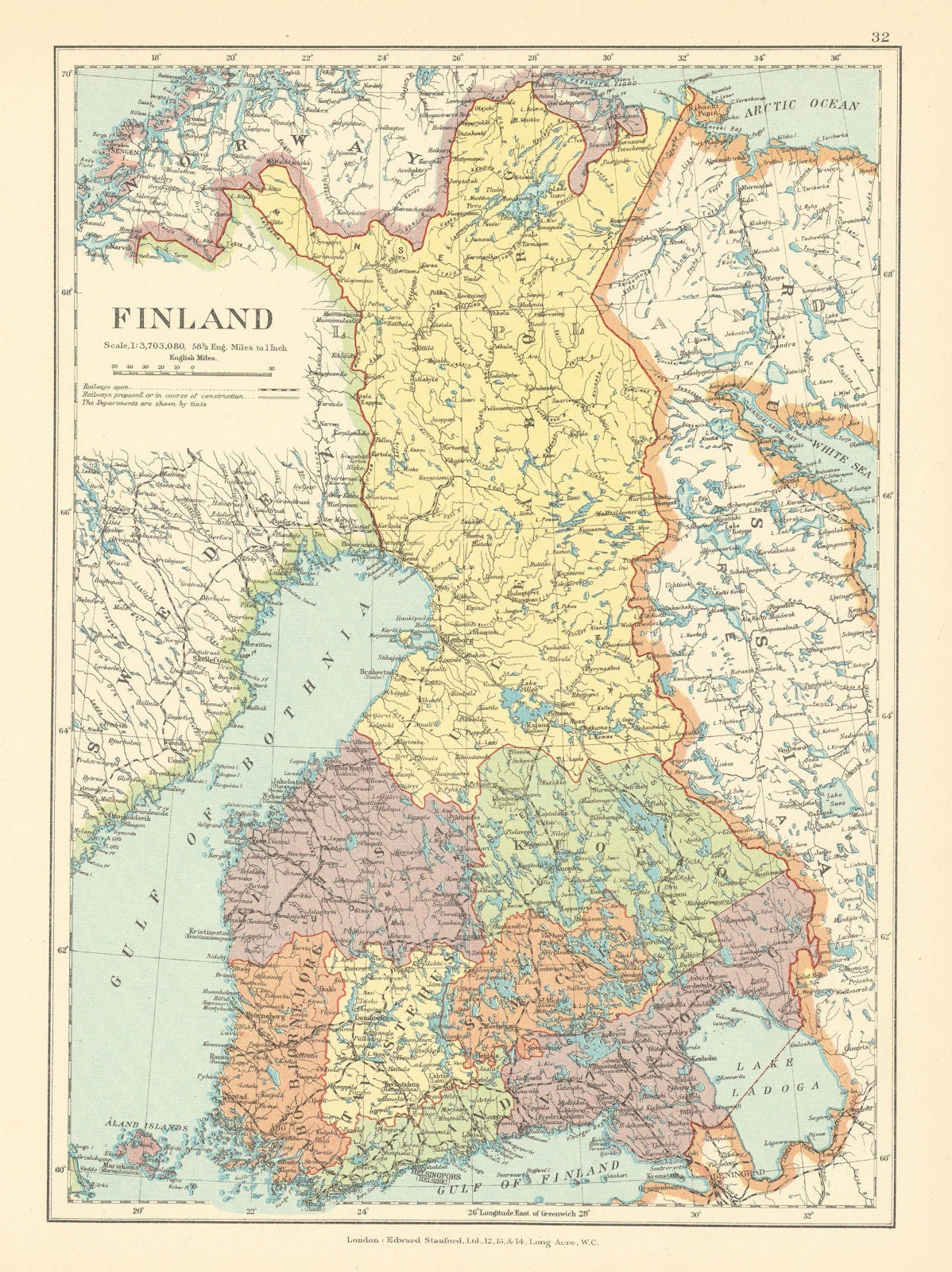 Finland. Pre WW2 borders with Russia. Gulf of Bothnia. STANFORD c1925 ...