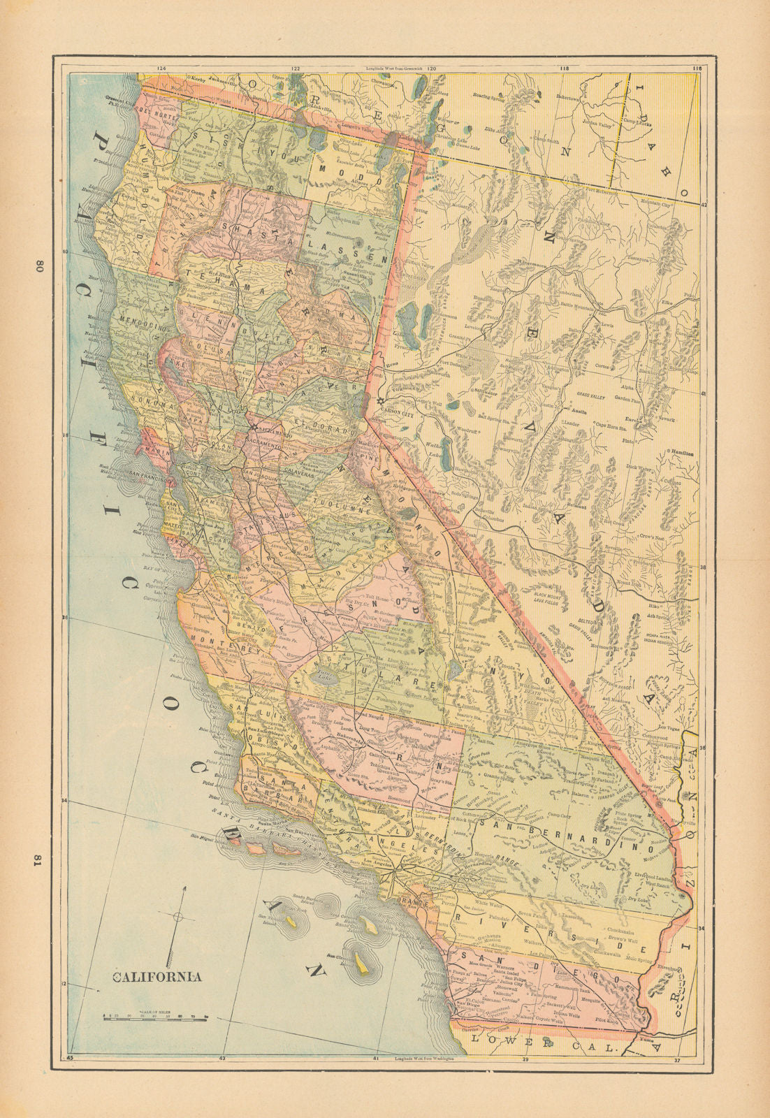 California state map in counties. CRAM 1894 old antique vintage plan ...