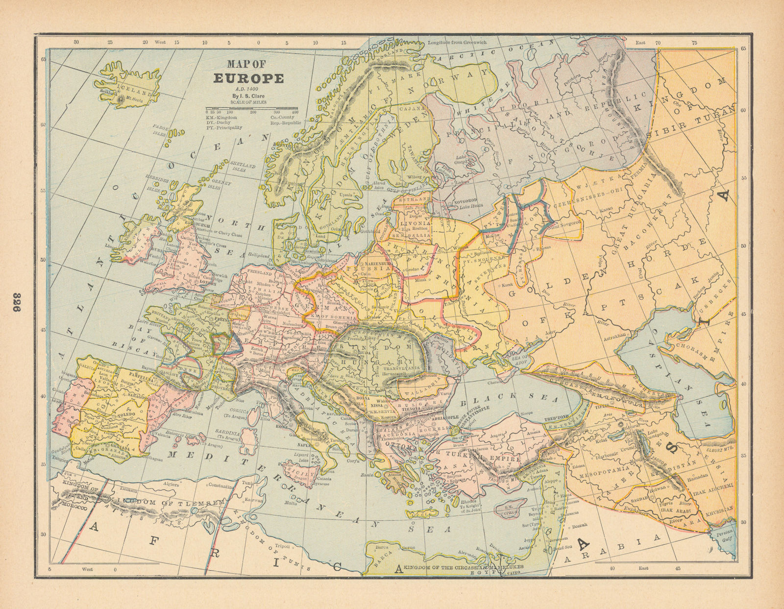 Map of Europe, AD 1400 by I.S. CLARE 1894 old antique vintage plan ...