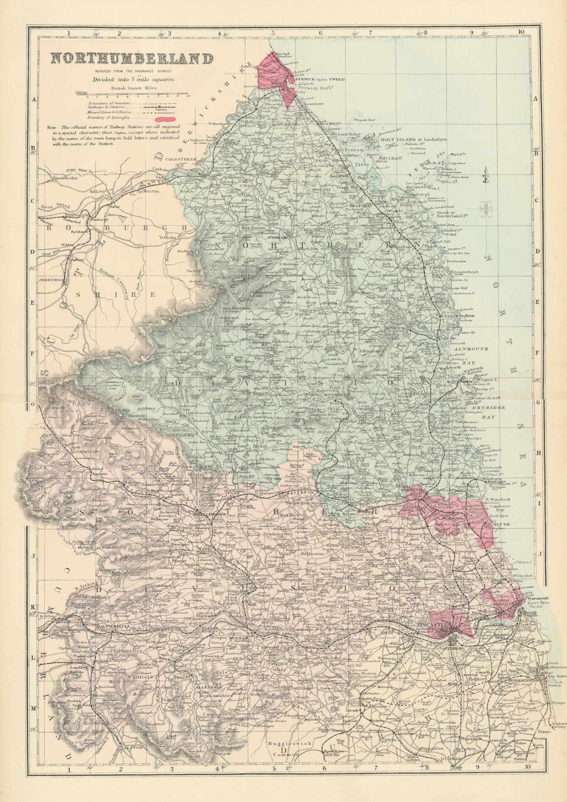 NORTHUMBERLAND. Antique county map by GW BACON 1884 old plan chart ...