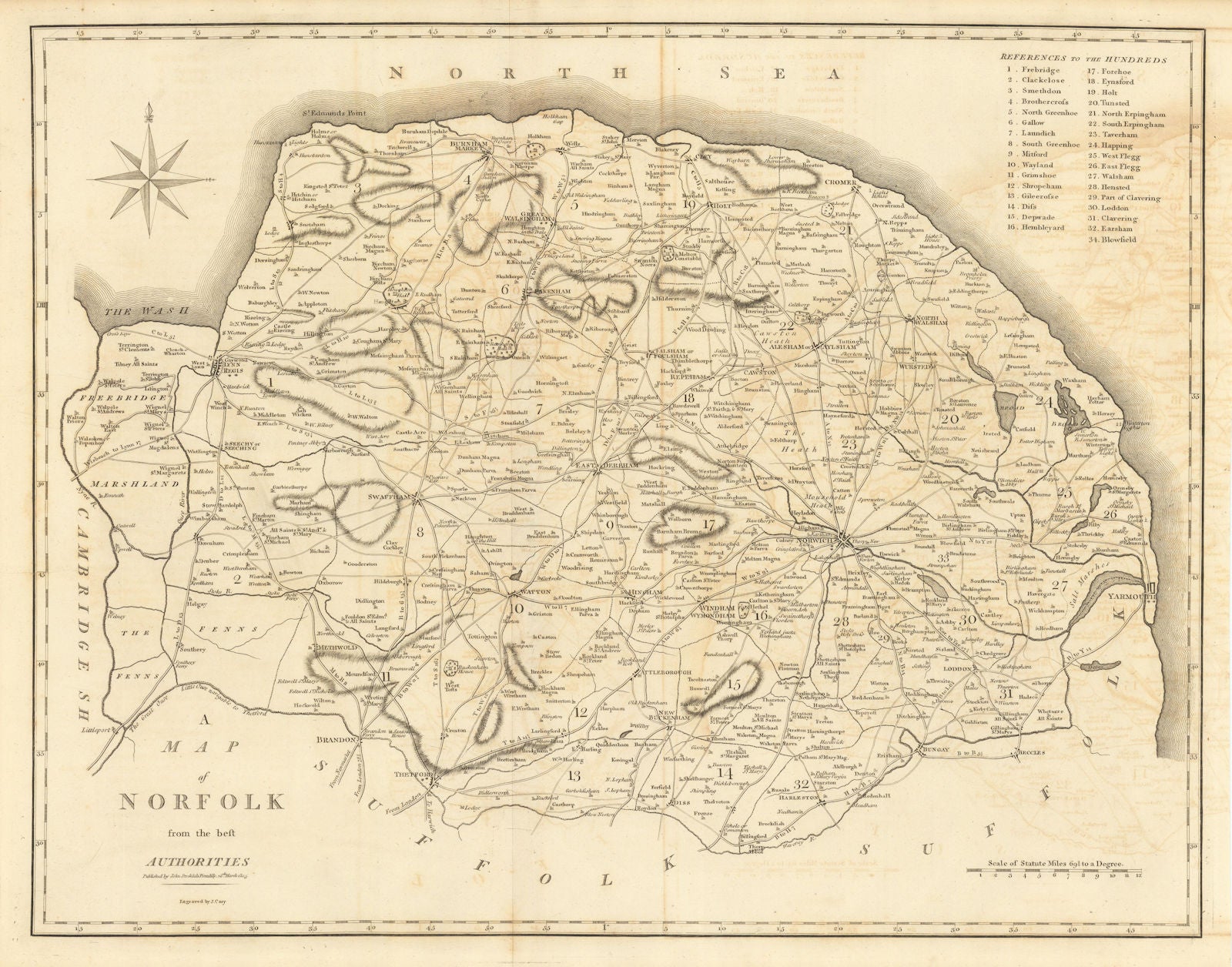 "A map of Norfolk from the best authorities". County map. CARY 1806 old ...