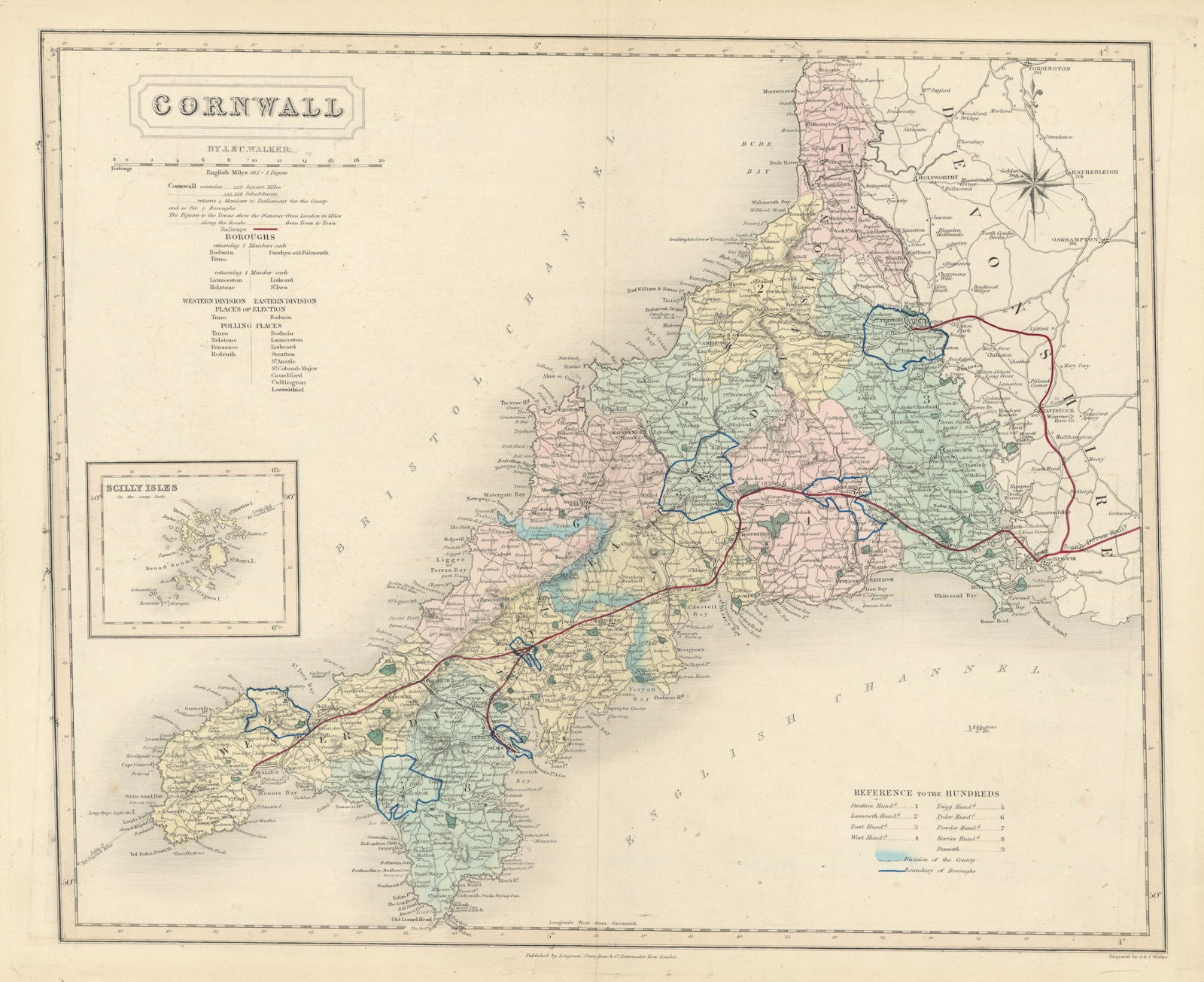 Cornwall antique county map by J & C Walker. Railways & boroughs 1870 ...