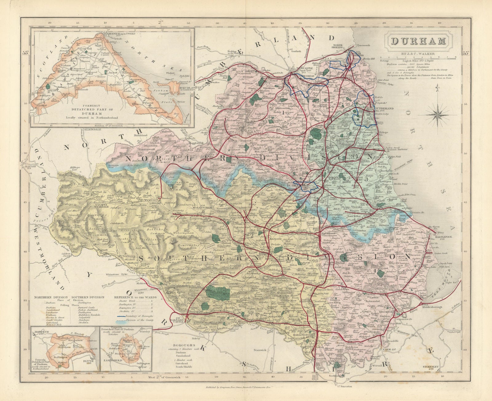 Durham antique county map by J & C Walker. Railways & boroughs 1870 old ...
