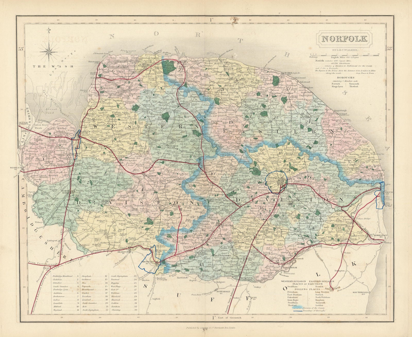 Norfolk antique county map by J & C Walker. Railways & boroughs 1870 ...