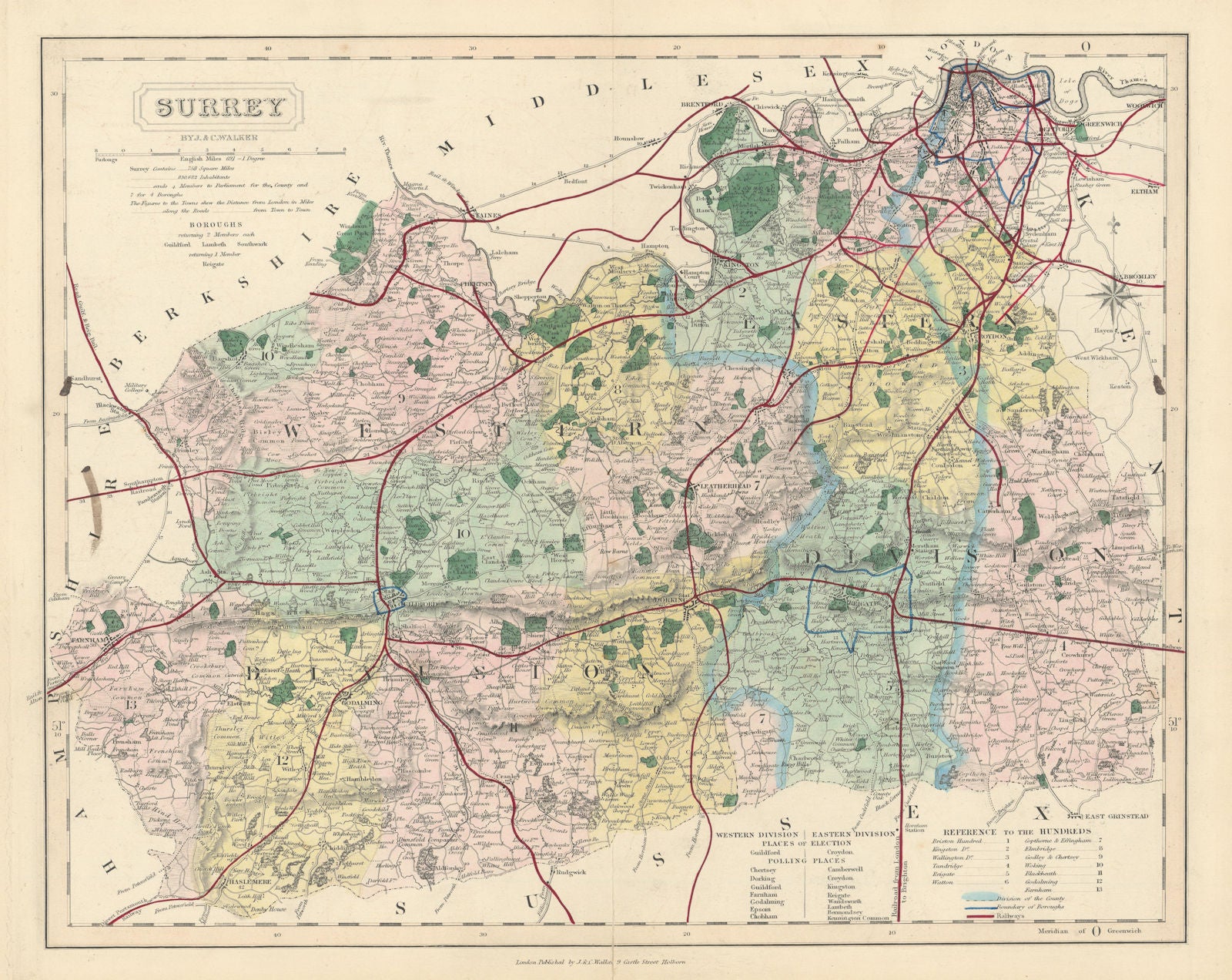 Surrey antique county map by J & C Walker. Railways & boroughs 1870 old ...