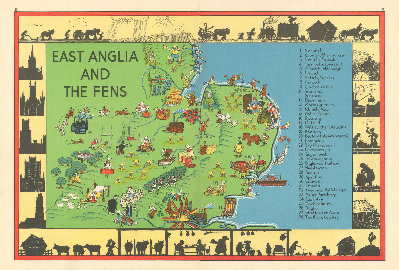 East Anglia and the Fens pictorial map. East Midlands. ALNWICK 1937 old ...
